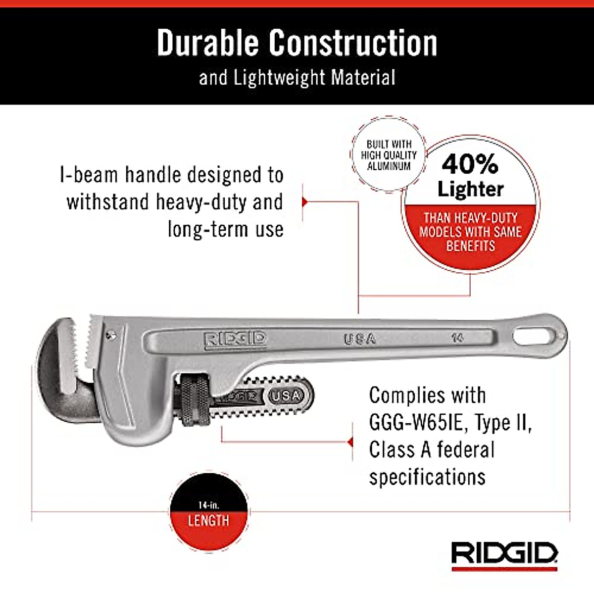 RIDGID 31095 Model 814 Aluminum Straight 14" Plumbing Pipe Wrench, Silver, Made in the USA