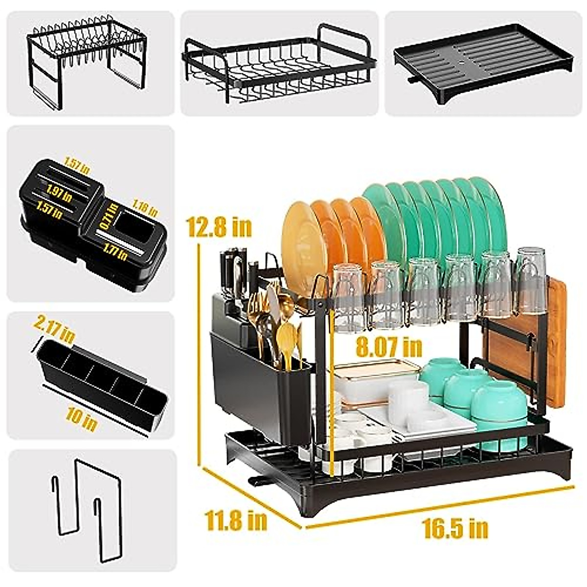 Harigal Dish Drying Rack, Large Capacity Dish Rack for Kitchen Counter, Stainless Steel 2 Tier Dish Rack, Kitchen Counter with Drainboard for Dishes, Knives, Spoons, and Forks
