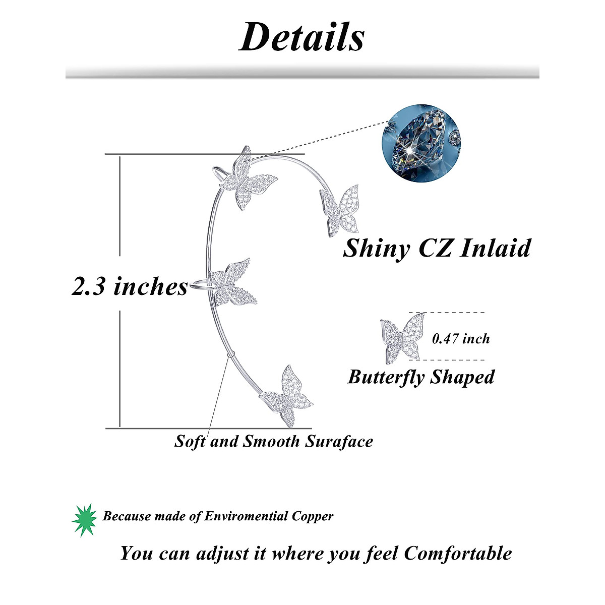 Tornito 4Pcs Butterfly Long Tassel Ear Cuff Dangle Chain Earrings Wrap Crawler CZ Earrings No Piercing Ear Clip Wrap Around Fake Earrings for Women Silver Tone Right Ear