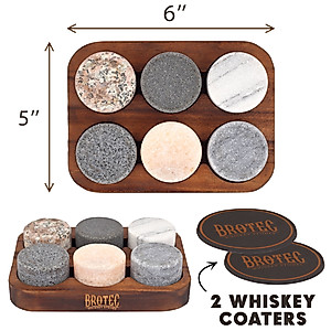 Whiskey Stones Gift Set - 6 Granite Round Beverage Chilling Drinking Stones Whiskey Rocks with 2 Extra Whisky Glasses Coasters - Premium Sipping Rocks in Elegant Wooden Storage Tray - Bar Accessories