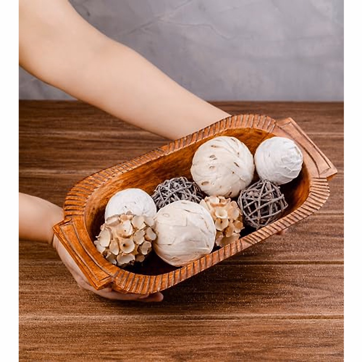 Mie Creations 14'' Large Wooden Dough Bowl for Decor, Huge Decorative Centerpiece Oval Tray Rustic Dough Bowls for Table, Hand Turned Long Wood Bowl