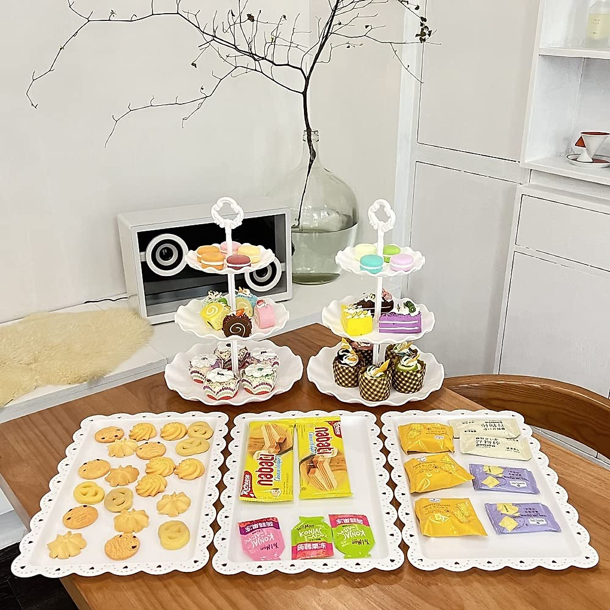 5 Pcs 3 Tier Cupcake Stand Set, Dessert Table Display Set with 2X Small 3-Tier Cupcake Stands + 3X Appetizer Trays Perfect for Wedding Baby Shower Home Birthday Tea Party Decoration