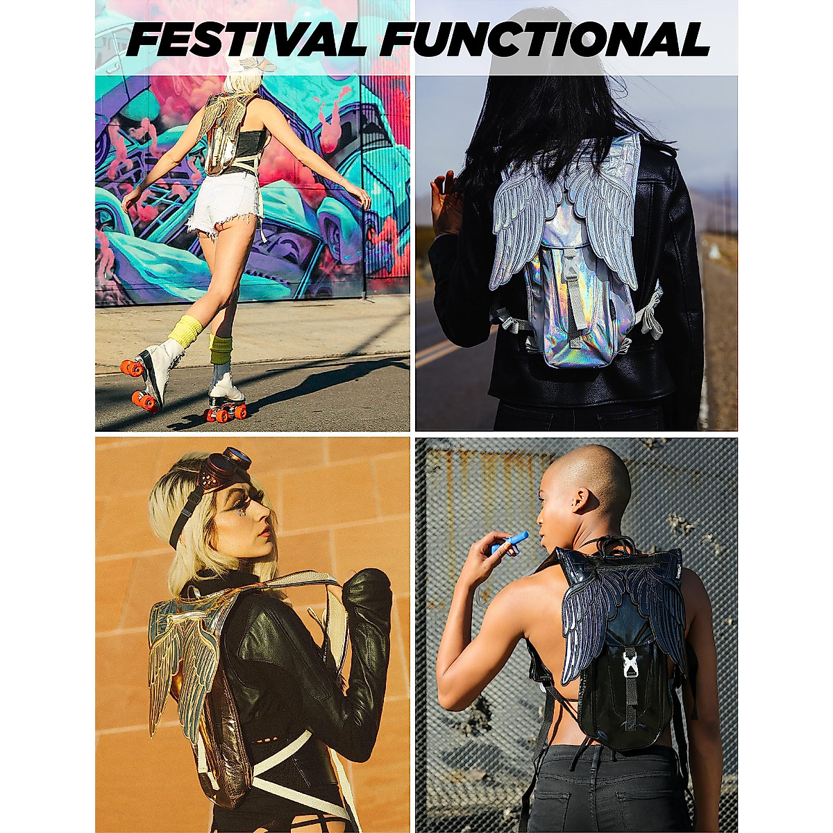 Fydelity Festival Hydration Backpack ANGEL WINGS Hydration Pack Festival Gear Retro Hydration Pack Backpack for Men and Women Hydrapak Water Backpack Festival backpack - Silver Metallic