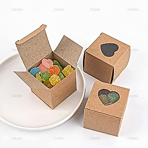 AUEAR, 50 Pack of Kraft Gift Boxes with Clear Plastic Heart Window 2x2x2 inch Treat Gift Boxes for Cake Candy Cookies Dessert