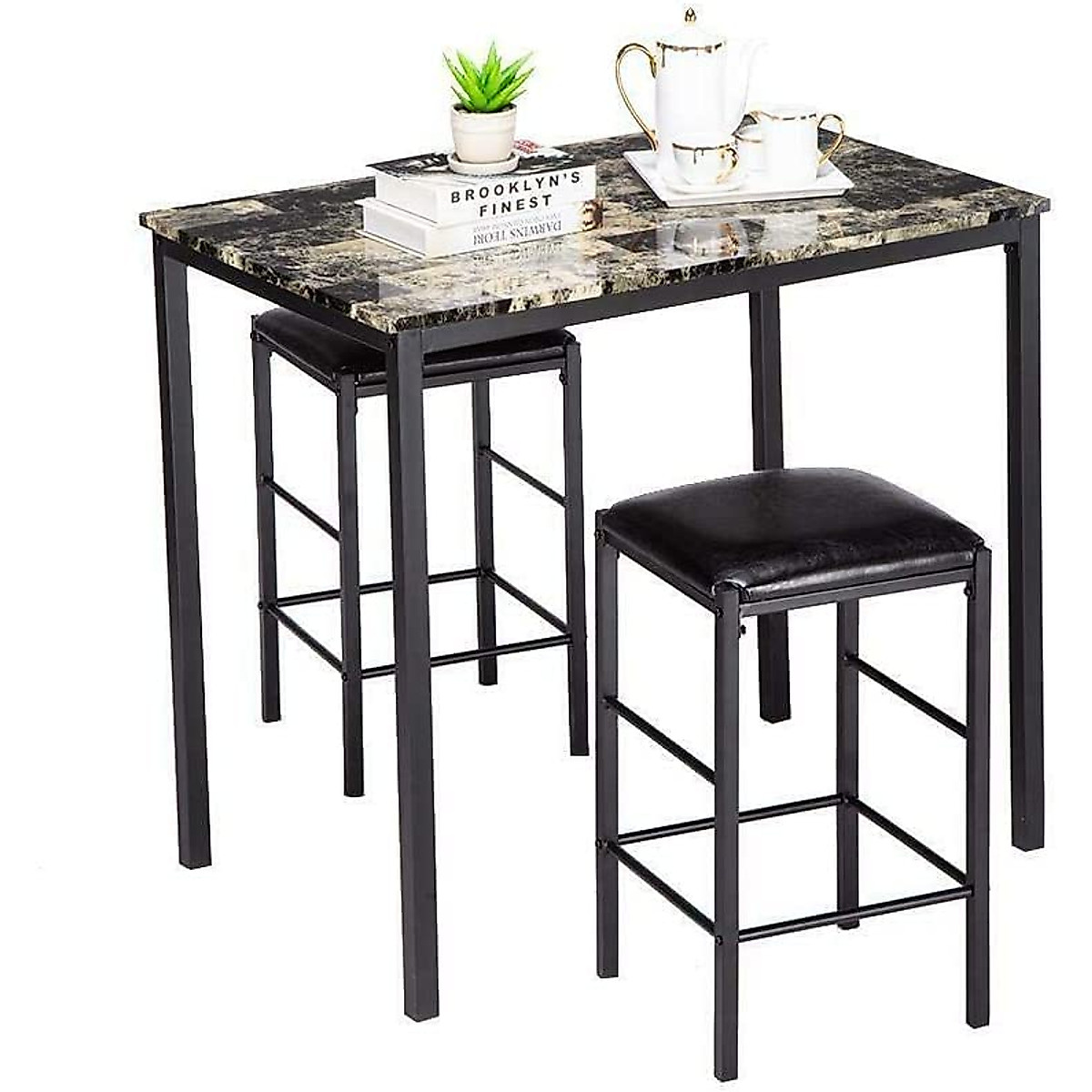 Dining Chair Modern Classic Black Style 3 PCS Counter Height Set Table 2 Kitchen Bar Furniture Thick Sturdy Suitable for Your Luxury Place Elegant Touch Stylish Dinner Room Home Office Restaurant QZPU