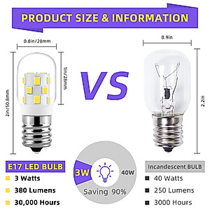 AMI PARTS E17 LED Light Bulb 3W 380LM 6000K Daylight White, 8206232A 40 Watt Appliance Bulb Incandescent Equivalent,for Microwave Light Bulbs Under Hood Refrigerators Oven (2 Packs)