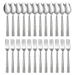 E-far 24-Piece Hammered Forks and Spoons Silverware Set, Stainless Steel Square 12 Dinner Forks and 12 Dinner Spoons, Modern Metal Flatware Cutlery for Kitchen and Restaurant, Dishwasher Safe-7.9 Inch
