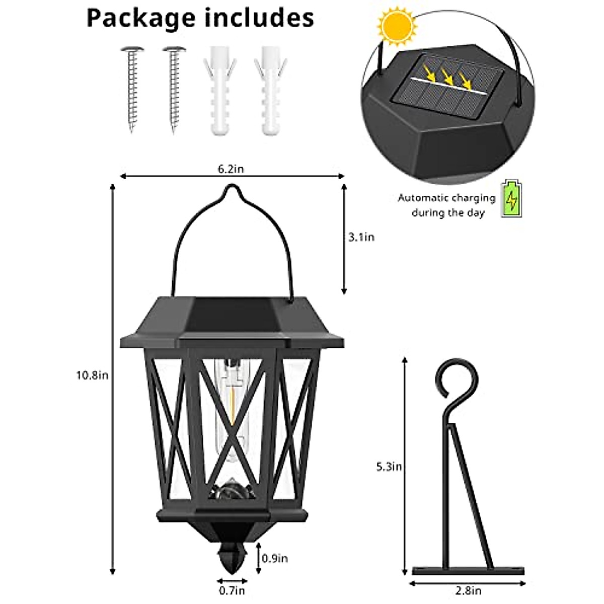 TEKLAPS Solar Wall Lantern Lights 2 Pack,Outdoor Hanging Solar Lights Decoration,Anti-Rust & Waterproof Stainless Wall Lights,Powder Coat Black + UV Protection with Glass Lampshade,3000K Warm