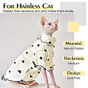Bonaweite Sphynx Hairless Cats Clothes, Cotton Cute Heart Pattern Sweater T-Shirts with High Collar, Soft Breathable Puff Sleeves Kitten Cat Wear Shirt Apparel for Cornish Rex, Devon Rex, Peterbald