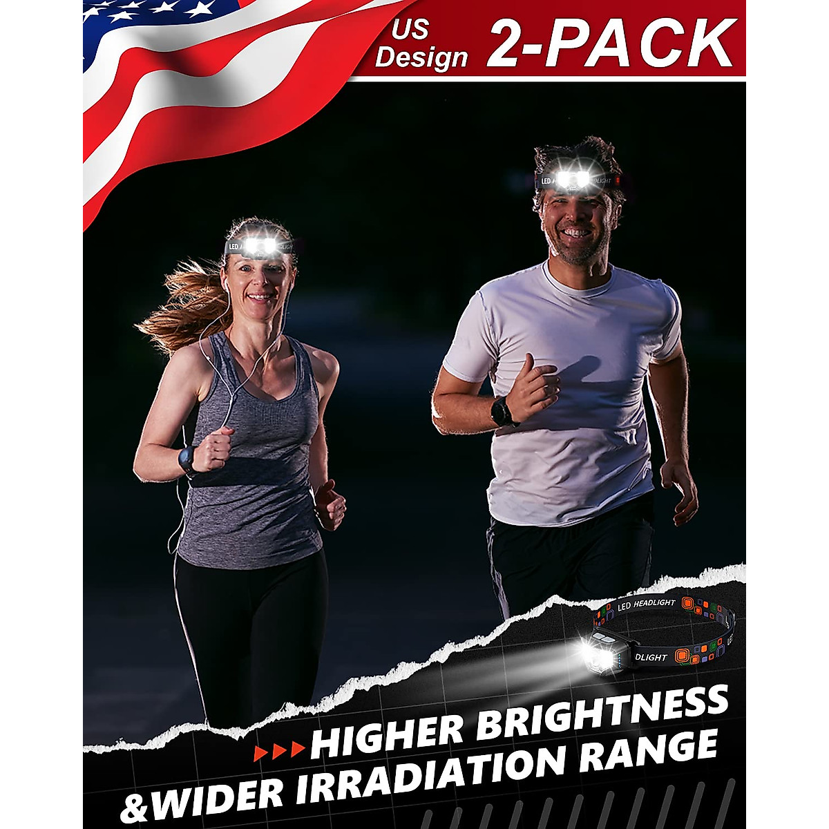 GETASI Headlamp Rechargeable 2PCS, 1200 Lumen Super Bright LED Flashlight with Motion Sensor for Adults and Kids- Camping Accessories Gear, Waterproof for Hiking, Running, Fishing, Cycling