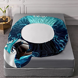 AILONEN Boys Soccer Printed Fitted Sheet Set Queen Size,Football Player Blue Bed Sheet Set,Sports Fitted Sheet with 2 Pillowcases,3 Piece Speed Soccer Bedding Set for Kids Teens Men