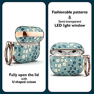 TATOFY Case Cover for AirPods 3, AirPods 3 Case for Women, Flora Protective Hard Case with Carabiner, Led Visible, Wireless Charging Compatible (Cyan)