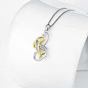 925 Sterling Silver With Cubic Zirconia Dolphin Love Heart Pedant Necklaces 18K Gold Overtone Two Tone Crystal 18 inches Valentine’s Gift LSN140