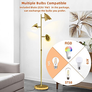 Tree Floor Lamp for Living Room, Industrial 3-Light Standing Lamp with 3 LED Bulbs, Adjustable Rotation Heads, Standing Tall Pole Lamp Farmhouse Rustic Reading Lamps for Bedroom Office (Gold)