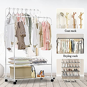ZZBIQS 2-Tiers Rolling Garment Rack with Shelves, Clothing Rack on Wheels, Heavy Duty Coat Rack, Double Hanging Rails & Lockable Wheels, 31" L x 20" W x 53" H, Max Load 170LBS, White