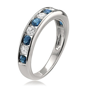 Beyond Brilliance 14K White Gold Round Diamond & Blue Sapphire Wedding Band Ring (1 cttw, I-J, I1-I2), Size 5.5 Size-5.5