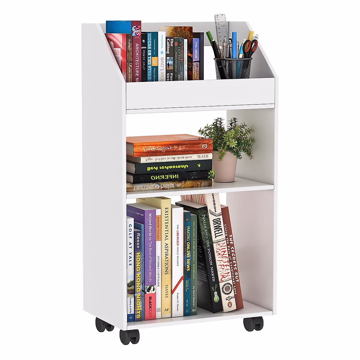 HAYOFAMY 3-Tier Mobile Bookshelf, White Bookcase with Wheels, Rolling File Holder Desk File Book Organizer for Home Office Living Room School