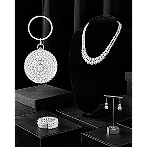 4 Pcs Faux Pearl Evening Clutch Purse Round Ball Silver Rhinestone Bag Pearl Jewelry Set for Women Evening Wedding Artificial Pearl Handbag