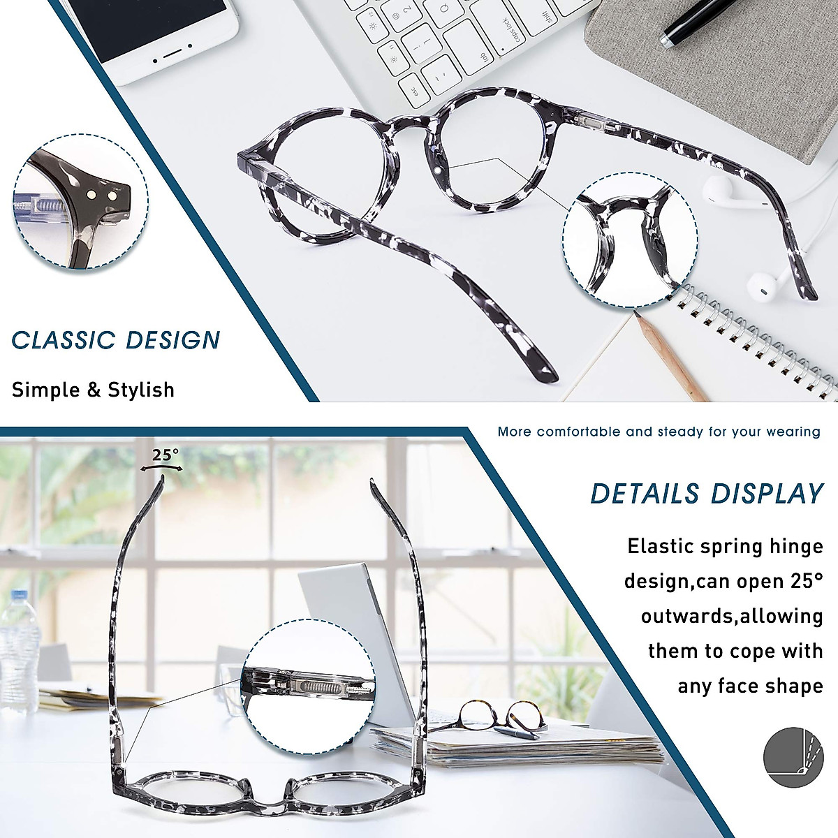 Blue Light Blocking Glasses 2 Pack Vintage Thick Round Rim Fashion Computer Game Eyeglasses for Women Men Anti Eyestrain Headache Reading Glasses Non Prescription （Grey Demi+Transparent）