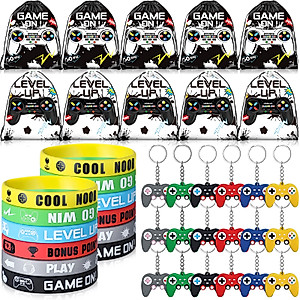 Nosiny 72PCS Video Game Party Favors Birthday Include 24 Video Game Goodie Drawstring Bags 24 Silicone Bracelet 24 Controller Keychain for Kids for Party Supplies (Black, White, Cute)