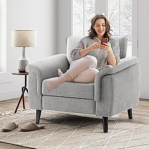 ELUCHANG Oversized Accent Chair, Linen Fabric Mid Century Modern Chair with Solid Wood Frame & Soft Cushion, Comfy Upholstered Armchair Reading Chairs for Living Room, Small Spaces, Light Gray, 2PCS