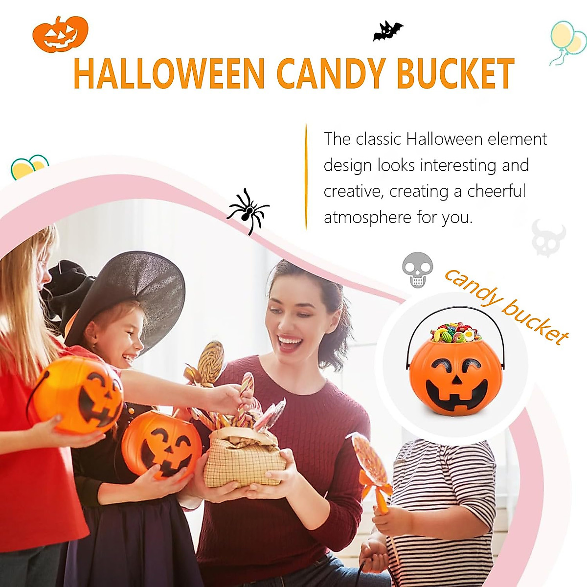 GSHLGAO Plastic Pumpkin Bucket, Pumpkin Candy Bucket Large 6.7x5.3in Portable Pumpkin Pail with Handle Reusable Cute Halloween Candy Bucket for Trick or Treat Party, Halloween Pumpkin Bucket (Large)