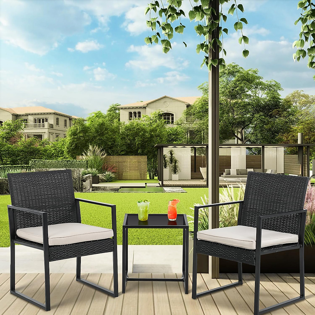 PayLessHere 3-Piece Rattan Wicker Bistro Set Outdoor Conversation Set Sturdy Frame Wicker Furniture with 2 Chairs Cushions Tempered Glass Table for Poolside Balcony Patio Bar Garden (Khaki)