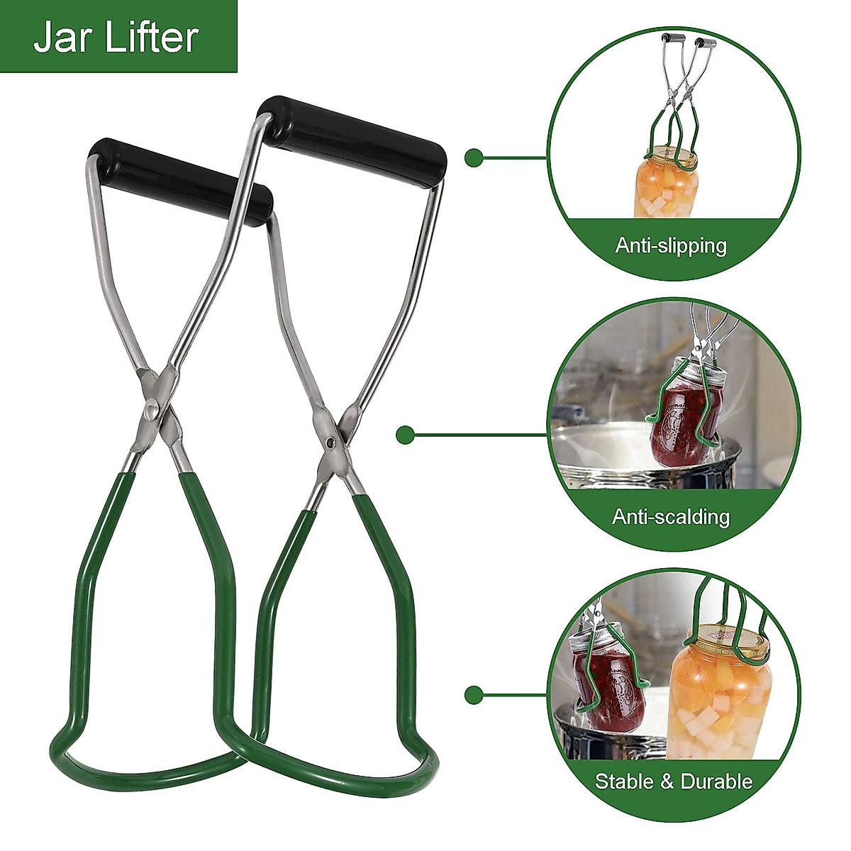 7 in 1 Canning Kit Include Steamer Rack,Canning Funnel,Jar Lifter,Wrench, Tongs,Lid Lifter/Bubble Remover Tool.Suitable for Easy Learning and Making of Household Mason Canning (Green)