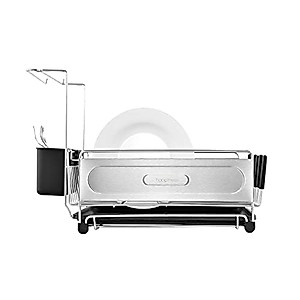 happimess DSH1000A Compact 17.25" Fingerprint-Proof Stainless Steel Dish Drying Rack, Dish Rack with Wine Glass Holder, Utensil Holder, Stainless Steel/Black, Silver/Black