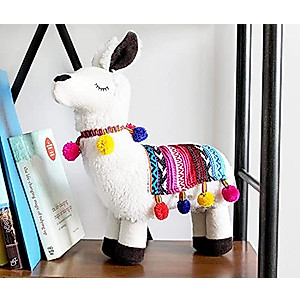 Decorae Plush Llama with Blanket and Pom-Poms, Stuffed Llama Shaped Decorative Pillow