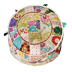 Handicraft Bazarr Handmade Pouf for Home Decor Traditional Patchwork Ottoman Ethnic Cotton Bean Bag Cover Embroidery Sitting Footrest Stool (18x18x13 Inch)