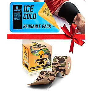 Sparthos Kinesiology Tape [Forest Camo - 16.4ft Uncut Roll] x Ice Packs for Injuries [Size Medium + Cover]