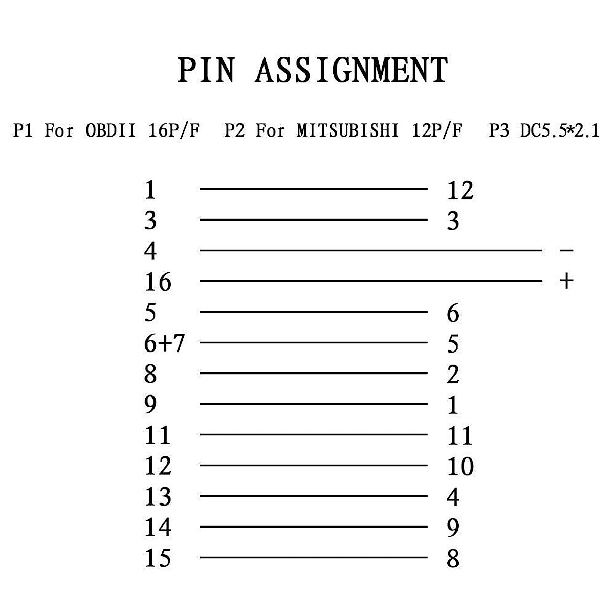 E-Car Connection 12 Pin OBD to 16 Pin OBD2 Diagnostic Adapter Cable for Mitsubishi and Hyundai Cars