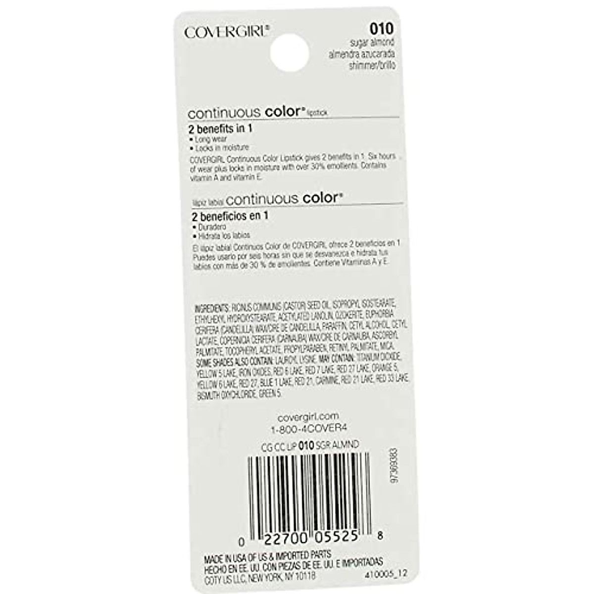 CoverGirl Continuous Color Lipstick, Sugar Almond [010], 0.13 oz (Pack of 5)