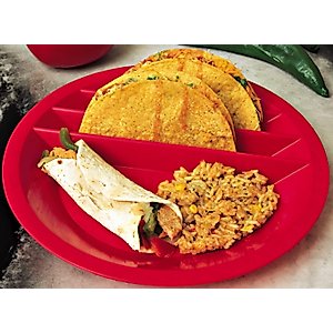 Taco Mex Taco Plate, Reusable, Round, Preparation and Serving Plate, for Soft and Hard Shell Tacos, 10.75 inch Plastic, Uber Look and Quality, Microwave Safe, 4 Pack Set, Red