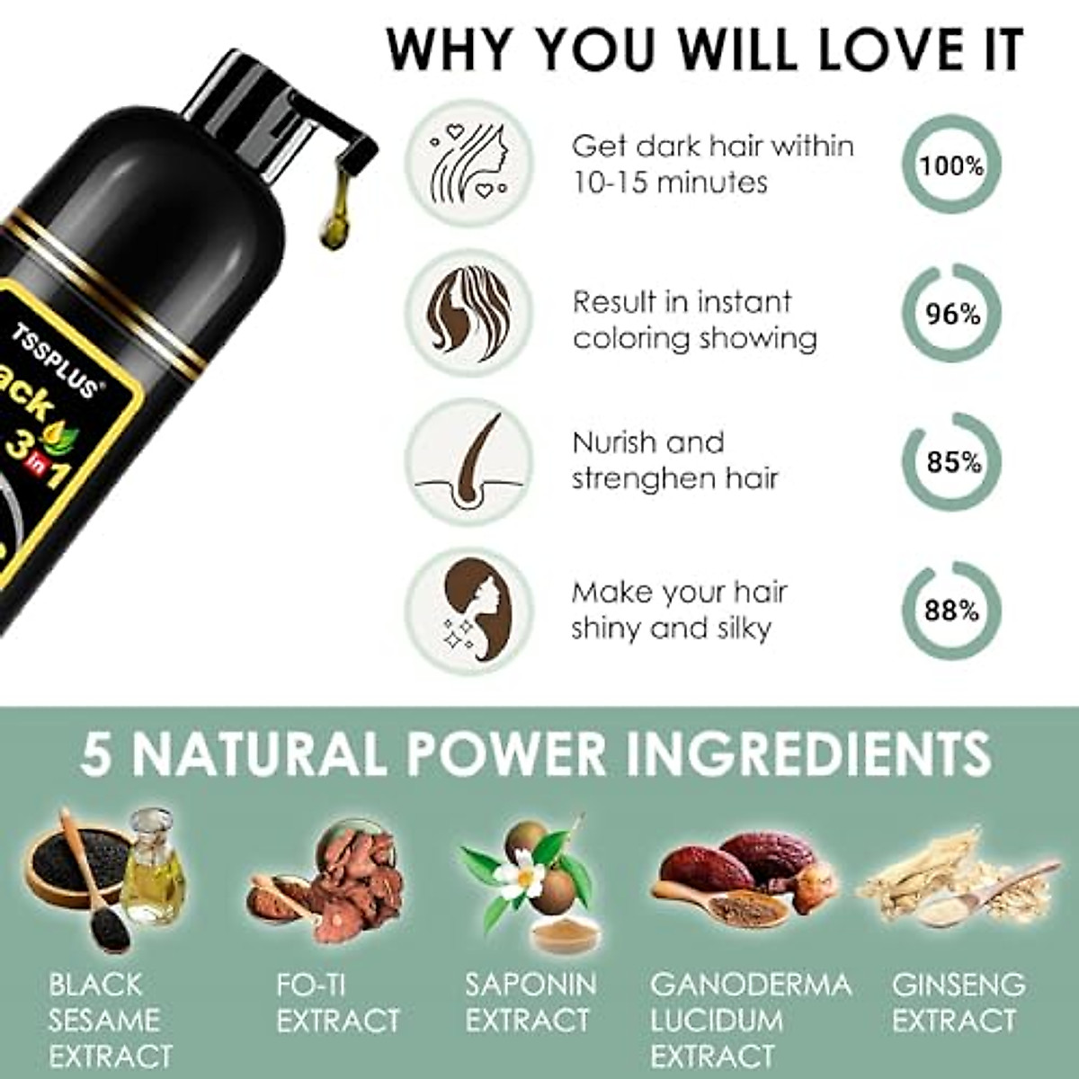 TSSPLUS Black Hair Dye Shampoo, 500ml - Organic Natural Hair Color Dye Shampoo for Women & Men, Instant Gray White Hair Cover, Plant Essence, Semi-Permanent