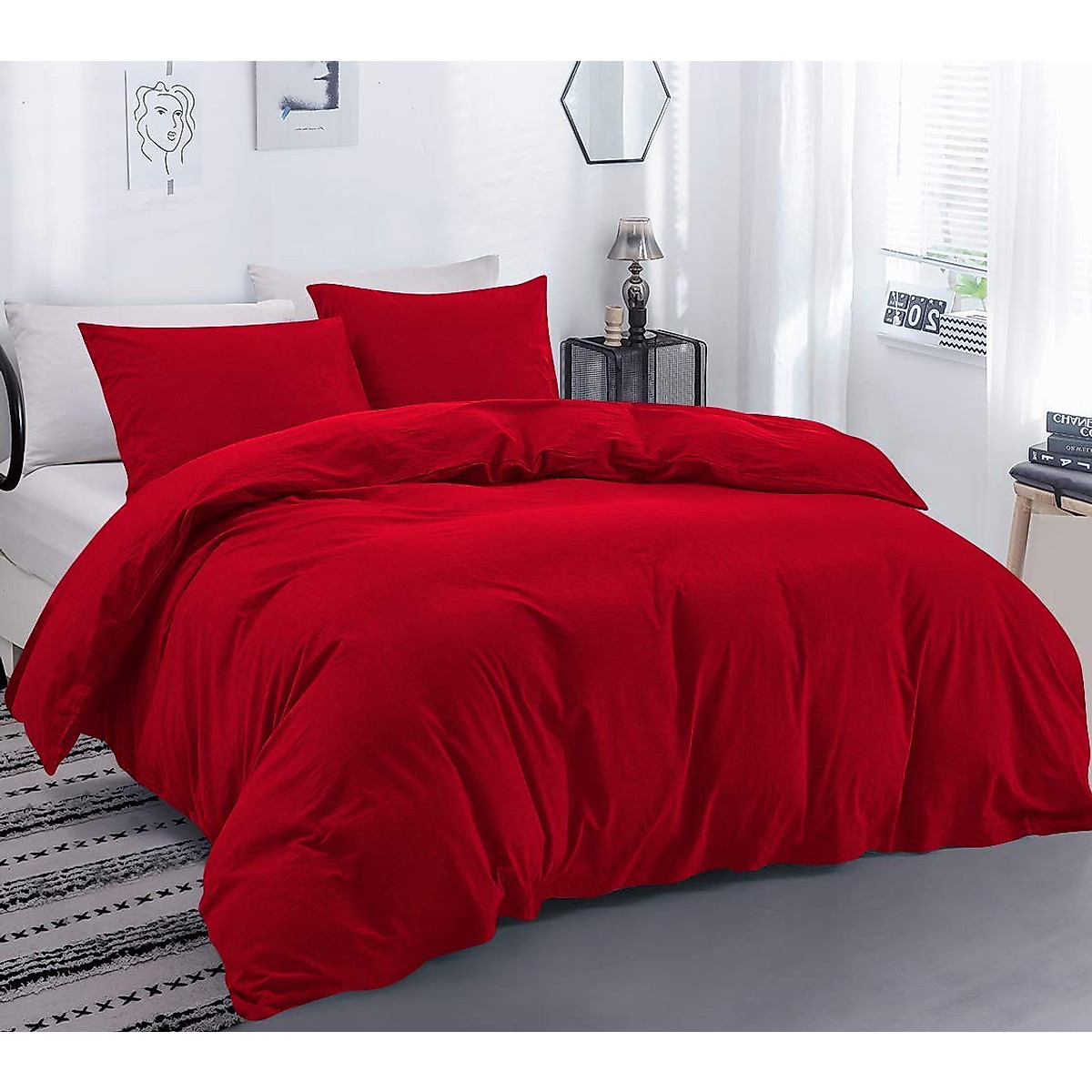 3Pcs Duvet Cover Set, Full/Queen Size, Red Solid - 100% Egyptian Cotton 800 Thread Count Duvet Cover with Zipper & Corner Ties