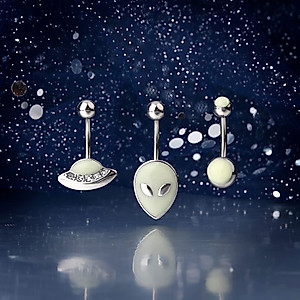 COCHARM 3PCS Halloween Alien Belly Button Rings Glow in the Dark 14G UFO Belly Navel Piercing Jewelry