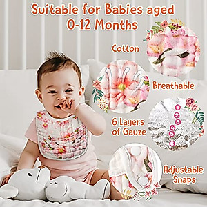 Zainpe 6Pcs Snap Muslin Cotton Baby Bibs Flowers Pattern Infants Feeding Bib Adjustable Machine Washable Girls Burp Cloths Unisex Drool Bibs with 6 Absorbent & Soft Layers for Eating and Teething