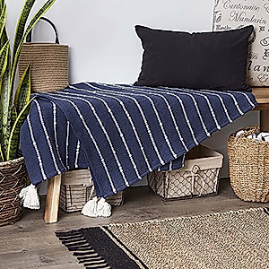 DII Striped Throw Collection Cotton Slub, Hand-Tied Tassels, 50x60, French Blue & Off-White