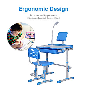 SMAGREHO Kids Desk and Chair Set, Height Adjustable Child's School Study Writing Tables with Tilt Desktop, LED Light, Storage Drawer, Book Stand (Pink)