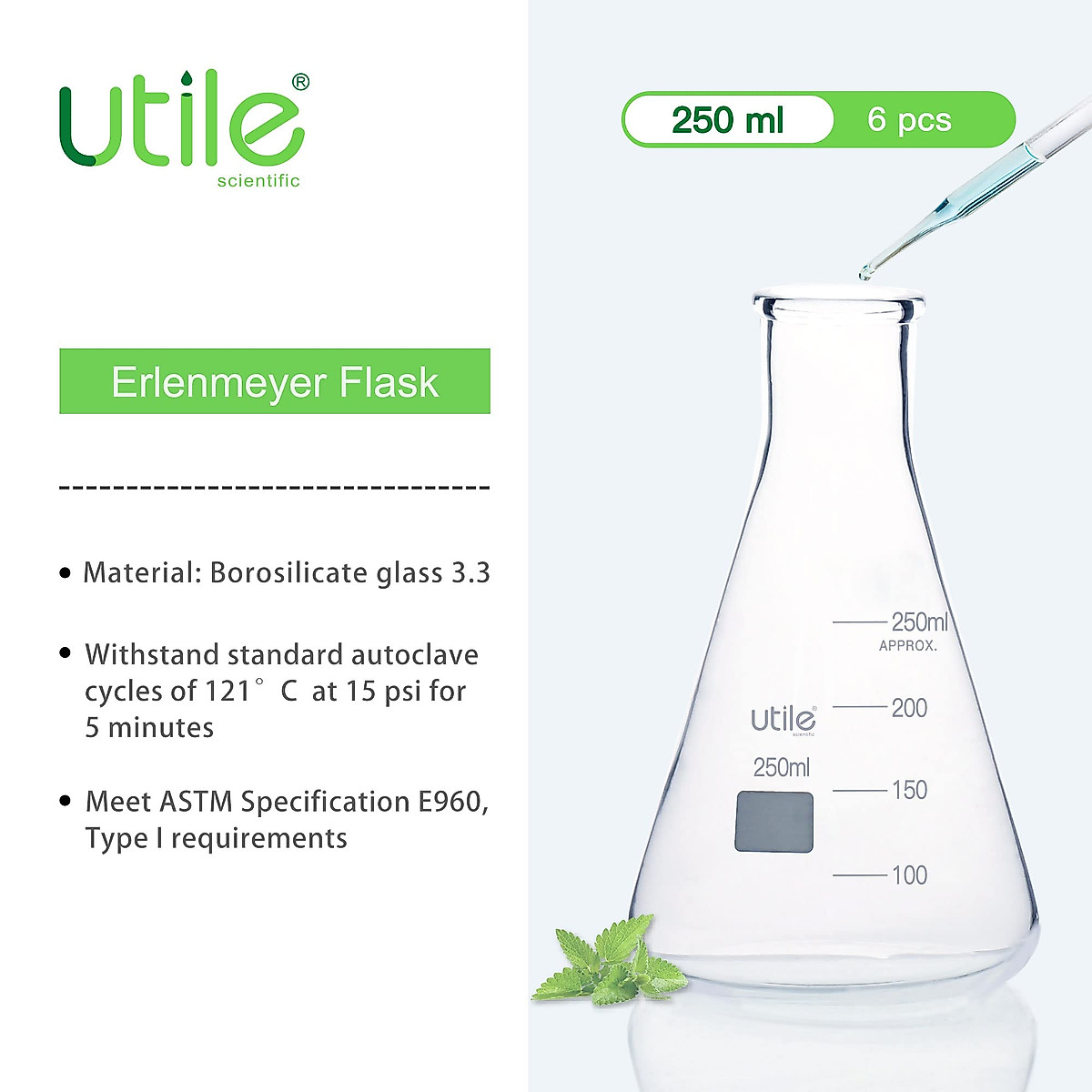 Utile Glass Erlenmeyer Flask Set, 250ml Narrow Mouth Erlenmeyer Flasks, 6pcs of Borosilicate 3.3 Glass Conical Flasks for Laboratory with Printed Graduation, 4016.0250.6
