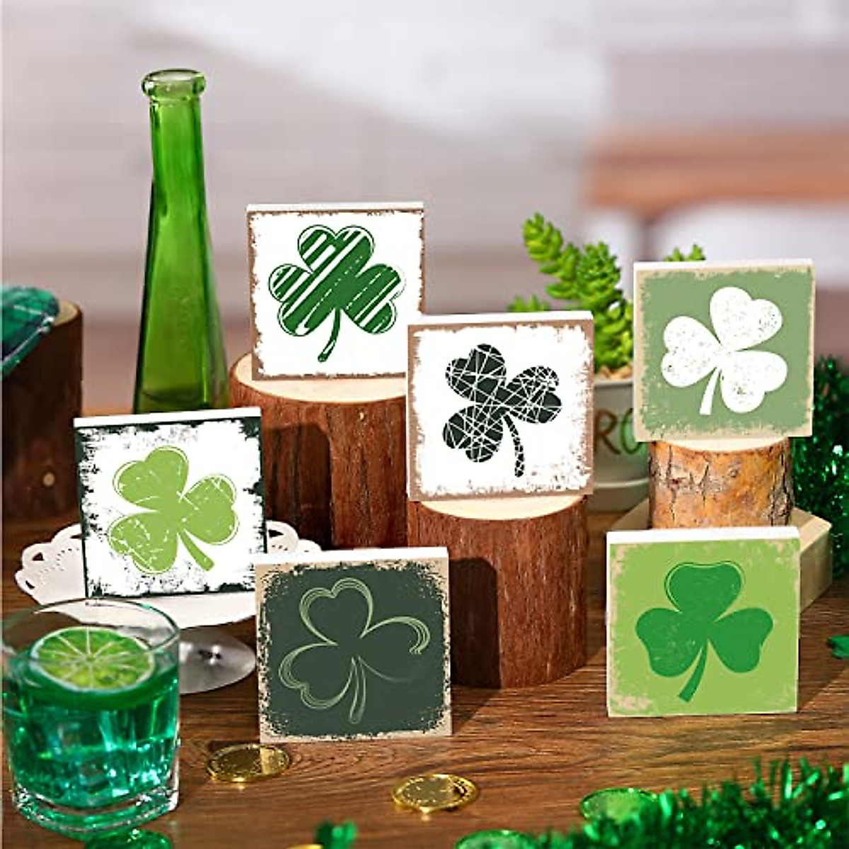 6 Pcs St. Patrick's Day Wood Signs Rustic Shamrock Standing Blocks Decor for Home St. Patrick's Day Table Centerpiece Shamrock Tiered Tray Decorations for Shelf Party Decor