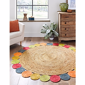 Unique Loom Braided Jute Collection Classic Quality Made Hand Woven Area Rug, 3' 3" x 3' 3", Natural/Orange