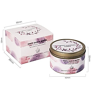 White Sage Smudge Candle with Rose Quartz and Amethyst Gemstone Crystals 100% Natural Soy Essential Oils (Lavender)