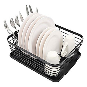 TQVAI Kitchen Dish Drainer Rack with Drying Board and Full-Mesh Silverware Utensils Holder, Black