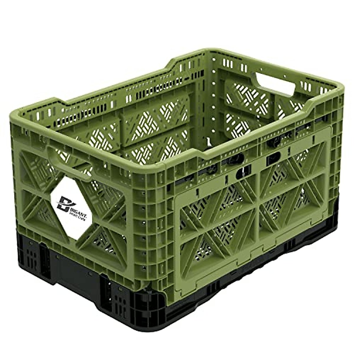 Bigant Heavy Duty Collapsible & Stackable Plastic Milk Crate-Medium Size, Olive, Stackable Open Front Organizer, Set of 1, Snap Lock Foldable Industrial Garage Storage Bin Container Utility Basket