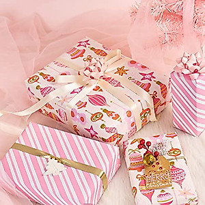 MAYPLUSS Christmas Reversible Wrapping Paper - Mini Roll - 17 Inch X 32.8 Feet- Pink Design (47.3 sq.ft.ttl)