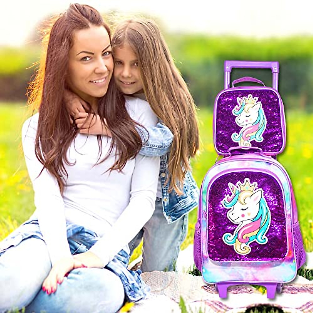TXHVO 3PCS Rolling Backpack for Girls,Kids Unicorn Bookbag with Roller Wheels, Sequin Suitcase School Bag Set for Elementary Toddler