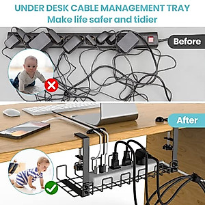 Under Desk Cable Management Tray 1 Pack, 15.7'' No Drill Under Desk Cable Organizer with 8 Color Cable Labels, Steel Cable Management Tray for Office Desks, Black